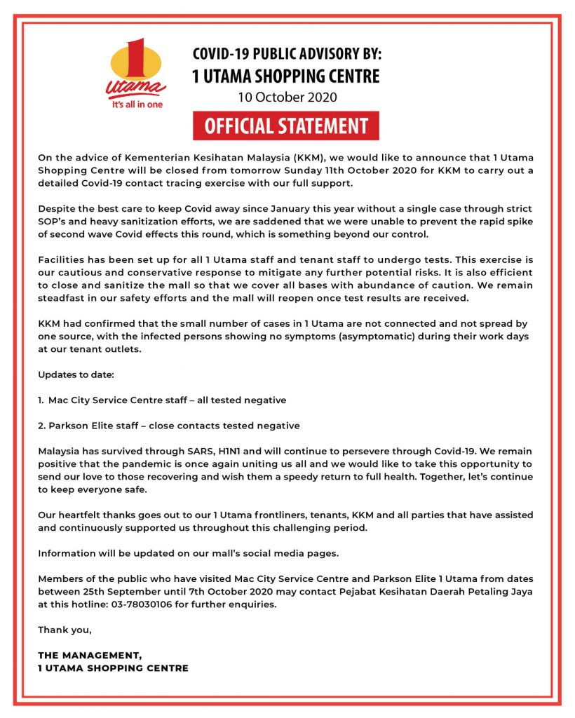 1 Utama Mall & Tropicana Golf Club Ordered To Close Starting 11th Oct ...