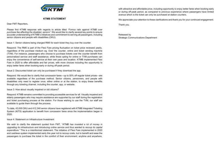 KTMB Offers Clarification On RM5 Ticket Surcharge For OKU & Senior ...